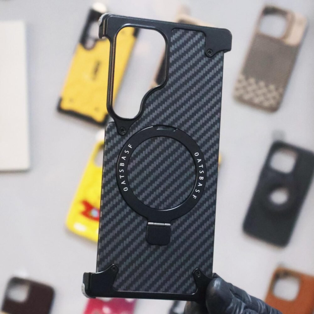 Carbon Fiber Metal Back Case with Ring Stand-Black-Samsung S25 Ultra ...