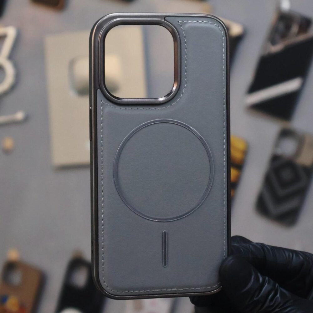 Magnetic Ring Leather Textured Case-Grey-iPhone 15 Pro - MobiiCare